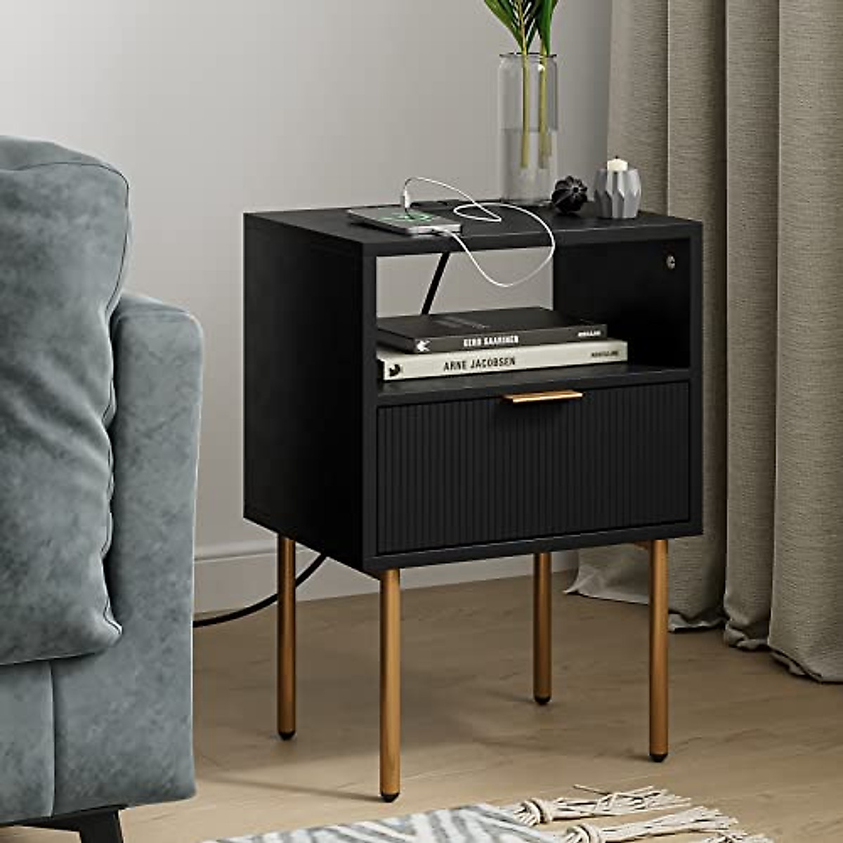 Masupu Nightstand with Charging Station,Mid-Century Modern Bedside Table with Storage Drawer and Open Wood Shelf,Small Gold Frame Side Table for Bedroom,Living Room (Black)