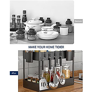 Axbima 2 Tier Under Sink Organizer, Under Bathroom Sink Storage, Under Kitchen Sink Shelf Rack with 2 Hanging Cups & Hooks for Cabinet Countertop Bathroom Laundry Garages (Black)