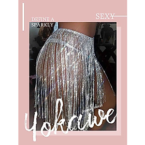 Yokawe Crystal Tassel Body Chains Belly Dance Skirts Rhinestones Bikini Hip Waist Chain Summer Beach Nightclub Accessories for Women (Silver)