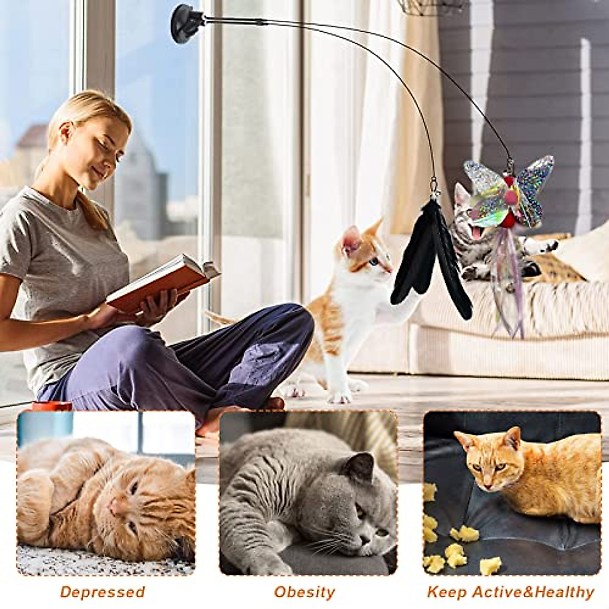 NBVNBV Cat toys,Cat Feather Toys,Interactive Toys with Super Suction Cup Bells for Indoor Bell Detachable 3 Pcs Replacements1butterfly Replacementfor Cats to Play Chase Exercise