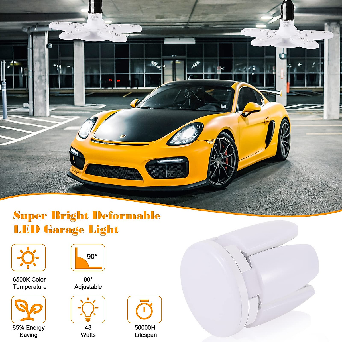 YWD Led Garage Light 2 Pack - 48W Glare-Free 360° - 4500LM 6500K LED Deformable Light - E26/E27 Screw in Led Light Buld for Basements, Barn, Farmhouse and Attics