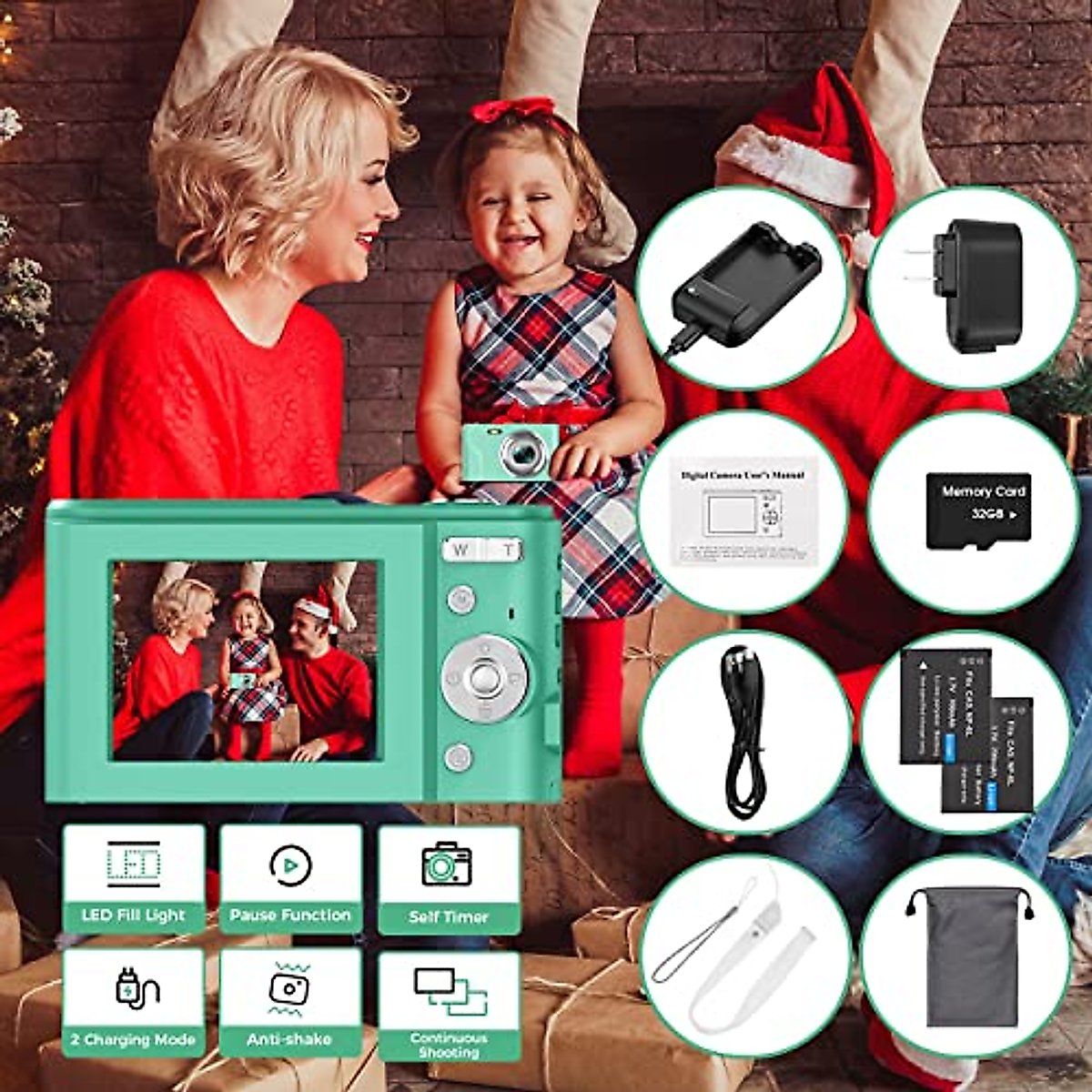 RUAHETIL Digital Camera, Autofocus FHD 1080P 48MP Kids Vlogging Camera with 32GB Memory Card, 2 Charging Modes 16X Zoom Compact Camera Point and Shoot Camera for Kids Teens (Green)