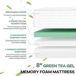 NChanmar 8 inch Memory Foam Mattress Cooling Gel Green Tea Mattress/Pressure Relieving/CertiPUR-US Certified/Bed-in-a-Box/Cooling Gel Foam, White,Queen