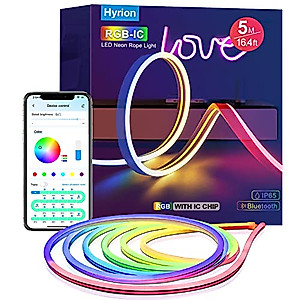 hyrion Dynamic Neon Rope Lights 16.4ft Outdoor Waterproof Cuttable RGBIC Rope Lights with Music Sync, DIY Design, Works with Bluetooth APP, Led Strip Lights for Wall Decor Bedroom Living Game Room