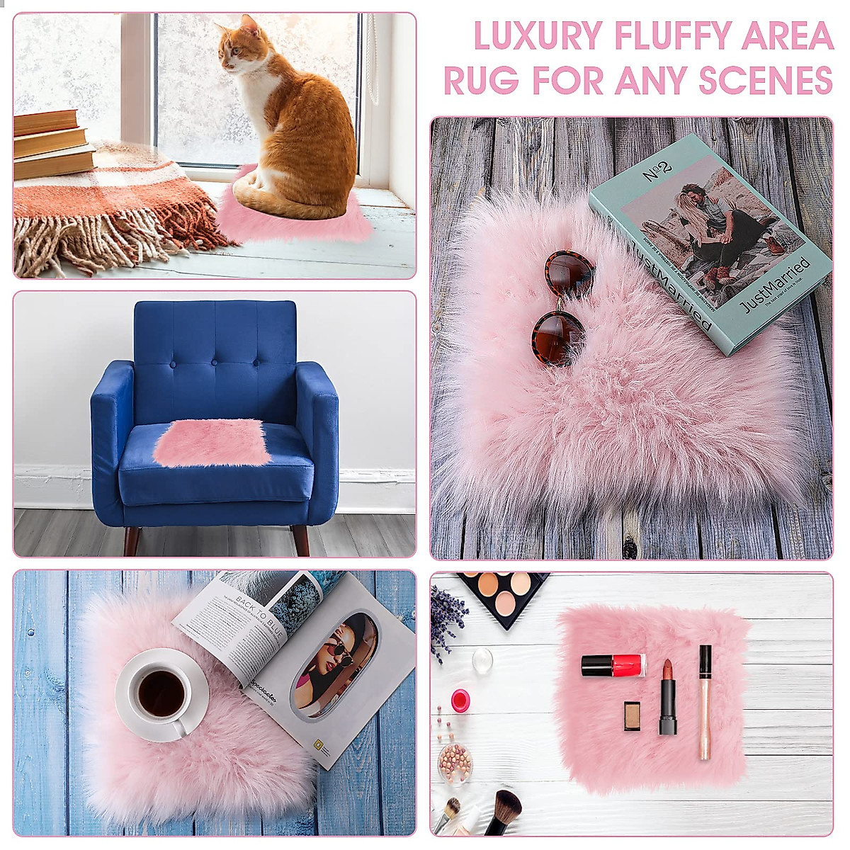 WLLHYF 10 Inches Mini Square Faux Fur Rug， Small Fluffy Area Rug Cushion for Living Room Sofa Bedroom Floor Soft Square Chair Cover Seat Pad Nail Mat for Photographing Background of Jewelry