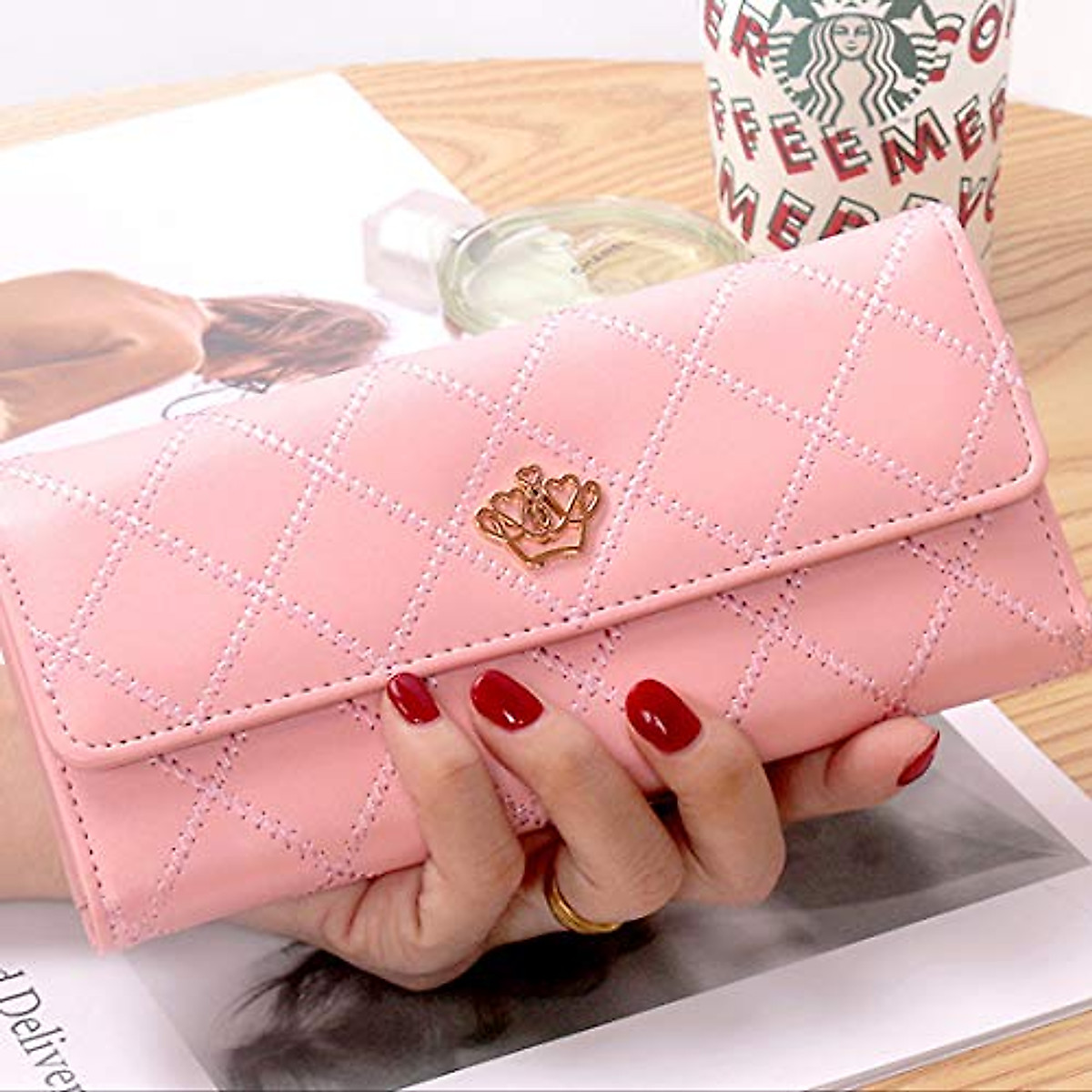 Wallets,Womens Lady PU Leather Zipper Large Capacity Multi Card Organizer (Style3-Pink)