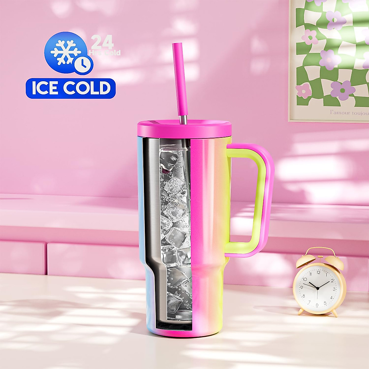 Meoky 24 oz Tumbler with Handle and Straw, 100% Leak-proof Tumbler with Lid and Straw, Insulated Stainless Steel Travel Coffee Mug, Keeps Cold for 24 Hours (Carnival)