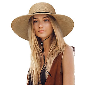 Womens Sun Hat Wide Brim Foldable Beach Hats for Women UV Protection Summer Straw Hat with Wind Lanyard Khaki