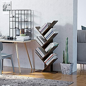 C&AHOME 7-Shelf Tree Bookshelf, Bookcase, Bamboo Book Rack, Storage Shelves in Living Room, Free-Standing Books Holder Organizer, Space Saver for Home, Office, Kid's Room Retro Brown