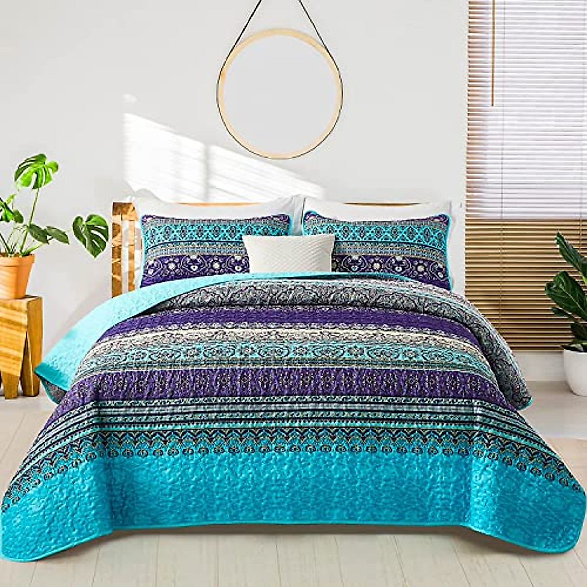 WONGS BEDDING Boho Quilt Set California King, Purple Bohemian Striped Pattern Printed Quilt Coverlet, Lightweight Microfiber Bed Decor Bedspread for All Season 106"x96"(3 Pieces, Cal King)