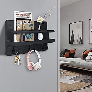 BIGLUFU Key Holder for Wall Key Hooks Rustic, Mail Shelf Organizer Wall Mount, Decorative Wooden Rack with Double Thick Hooks Home Decor for Entryway,Storage, Living Room,Kitchen(1 Pc Black)