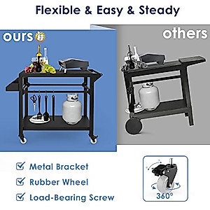 Xilingol Outdoor Grill Cart Pizza Oven Stand, BBQ Prep Table with Wheels & Seasoning Tray, Black Kitchen Tabletop Griddle Cooking Island & Station for Bar, Patio, Camping, Outside, Home