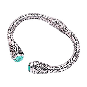 NOVICA Artisan Handmade Turquoise Cuff Bracelet Sterling Silver from Bali Natural Blue Tone Indonesia Birthstone Balinese Traditional [bracelet 6 in L (end to End) x 0.4 in W] ' Dragon Beauty'