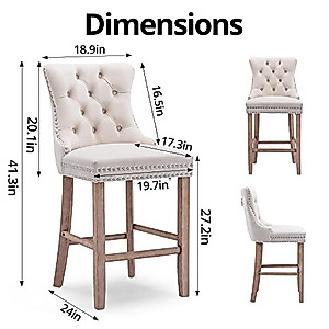 i-POOK Counter Height Bar Stools Set of 4, Velvet Upholstered Barstools with Button Tufted, Nailheads Trim and Solid Wood Legs, Full Back Bar Chairs for Kitchen Island Dining Room Pub Cafe, Beige