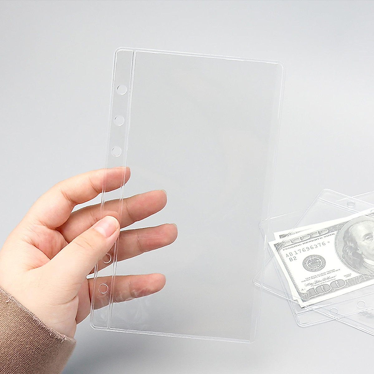 12pcs A6 Binder Pockets Zipless Clear Cash Envelopes Loose Leaf Binder Sleeves PVC Sheet Protectors 6 Holes for 6 Ring A6 Binder Organizer Photos Cards Bills (Clear A6 Binder Pocket)