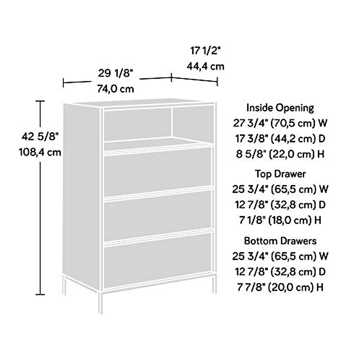 Sauder Boulevard Café 3-Drawer Chest, L: 29.13" x W: 17.48" x H: 42.68", Black Finish