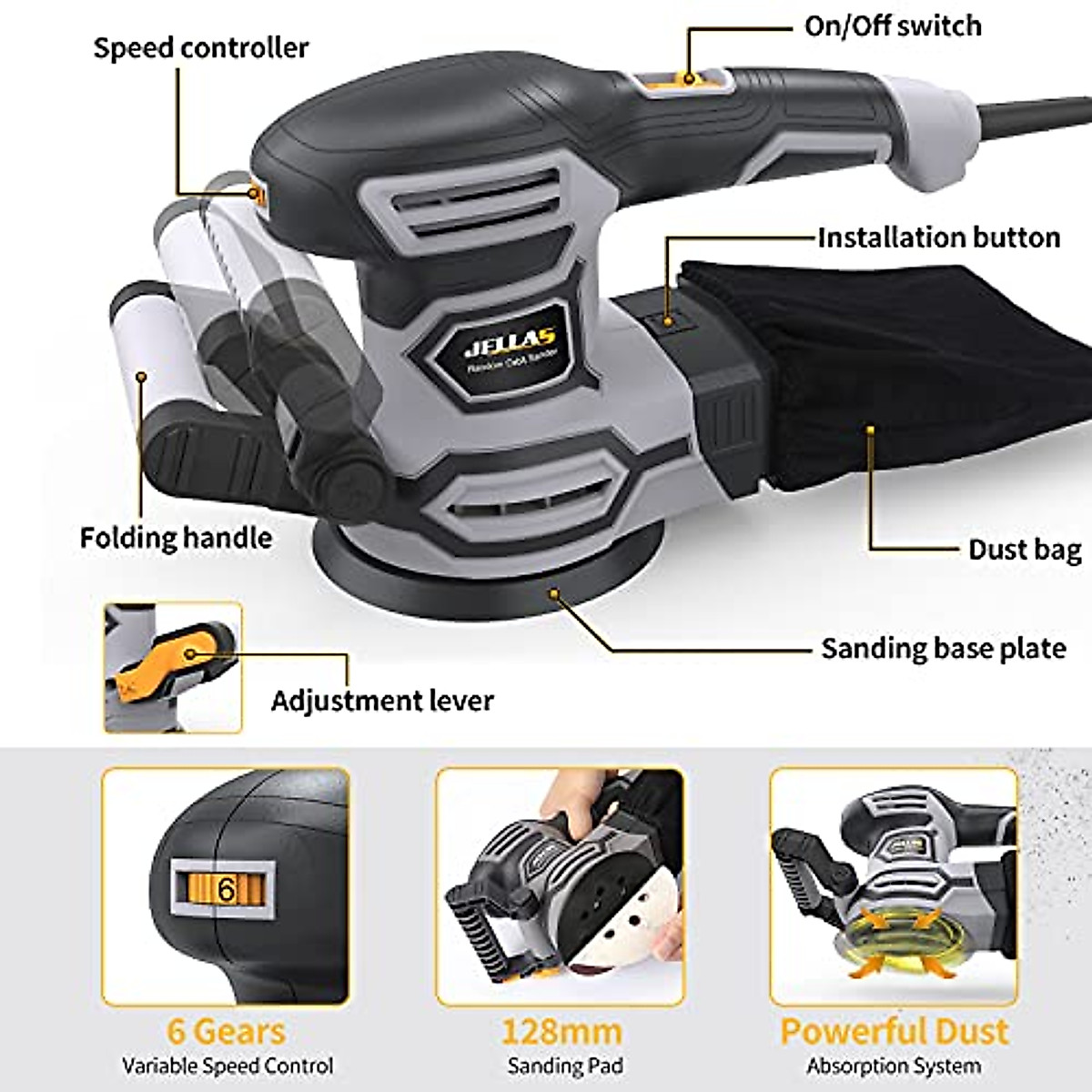 3.8A(450W) Orbital Sander, Jellas 6 Variable Speeds Double Handle Random Orbit Sander, 5-Inch Electric Sander with 18pcs Sandpapers, Dust Collector, Ideal Power Sander for Woodworking(OS450)