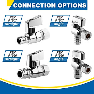 1/4 Turn Angle Stop Valve, 1/2" Expansion Pex F1960 X 3/8" OD Compression For Toilets And Faucets (Pack of 10)