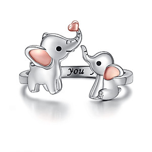 Silver Mom Daughter Elephant Ring - 925 Adjustable Love Heart Finger Rings Jewelry Gifts for Women Wife Mom Nana Daughter