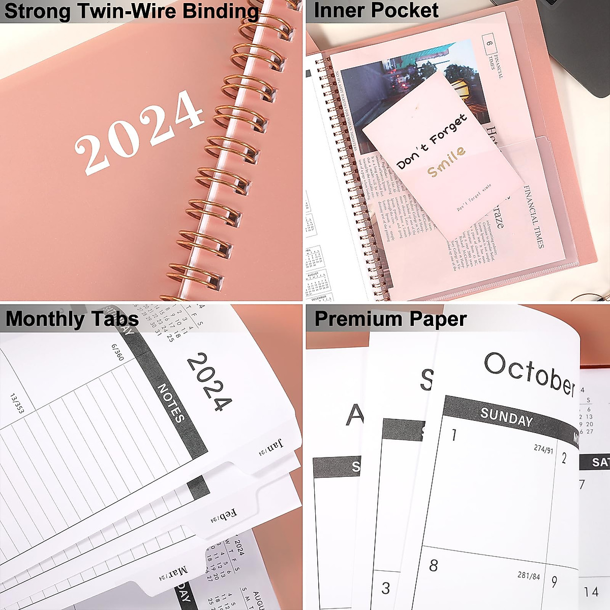 2024-2025 Monthly Planner - Monthly Planner 2024-2025, Jul. 2024 - Dec. 2025, 9" x 11", 18-Month Planner, Tabs & Pocket, Twin-Wire Binding - Rosy Pink
