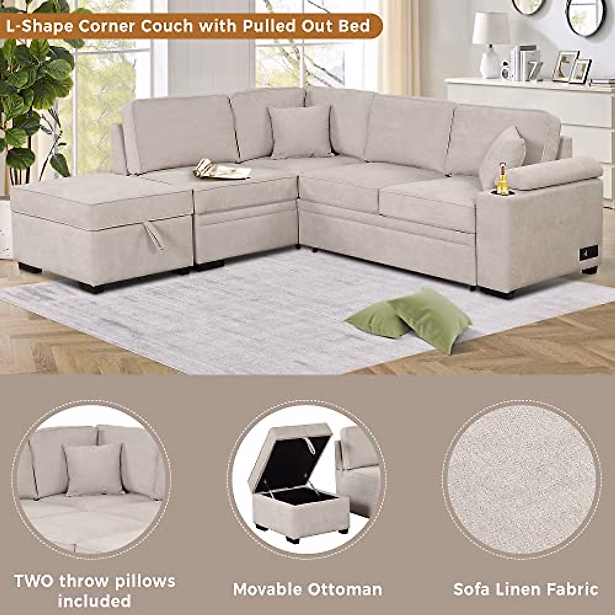 FANYE L-Shaped Corner Chaise and Storage Ottoman, Modern Upholstered Sofa & Couch for Home Office Apartment Living Room Furniture Sets Sectional, Beige Convertible Sofabed W/Charge Ports