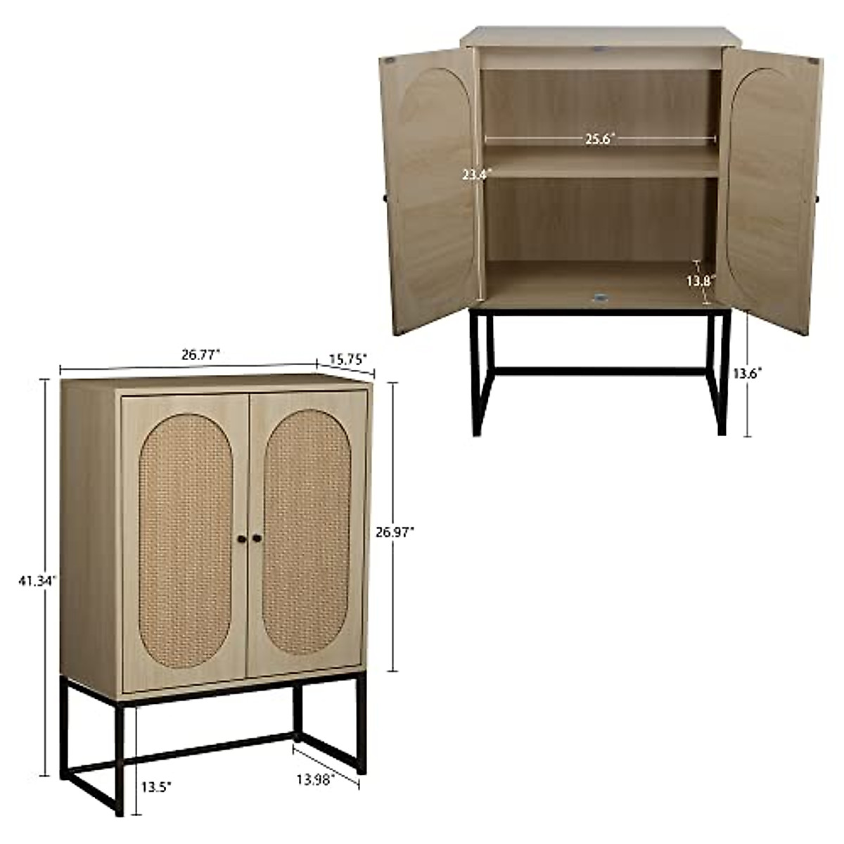 AWQM Natural Rattan 2 Door High Cabinet,Sideboard Buffet Cupboard Accent Cabinet,Adjustable Shelves,Free Standing Bookmatch,Easy Assembly26.77 L x 15.75" W x 41.34" H,Rustic Oak Beige