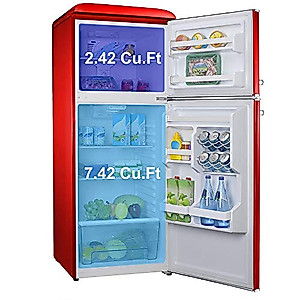 Galanz GLR10TRDEFR Retro Refrigerator with Top Freezer Frost Free, Dual Door Fridge, Adjustable Electrical Thermostat Control, 10.0 Cu Ft, Red