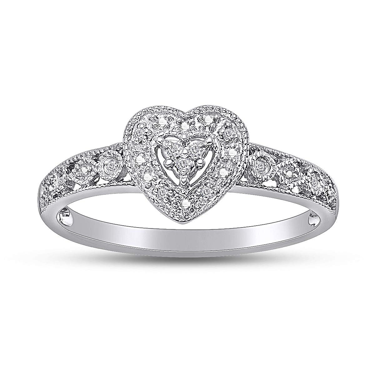 10k Solid White Gold Round White Natural Diamond Accent Heart Promise Engagement Ring (I-J Color, I2-I3 Clarity) Size 7