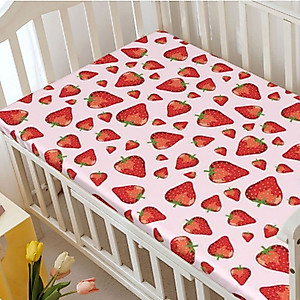 Strawberry Themed Fitted Crib Sheet,Standard Crib Mattress Fitted Sheet Polyester Toddler Bed Mattress Sheets-Crib Mattress Sheet or Toddler Bed Sheet,28“ x52“,Lime Green Vermilion Rose