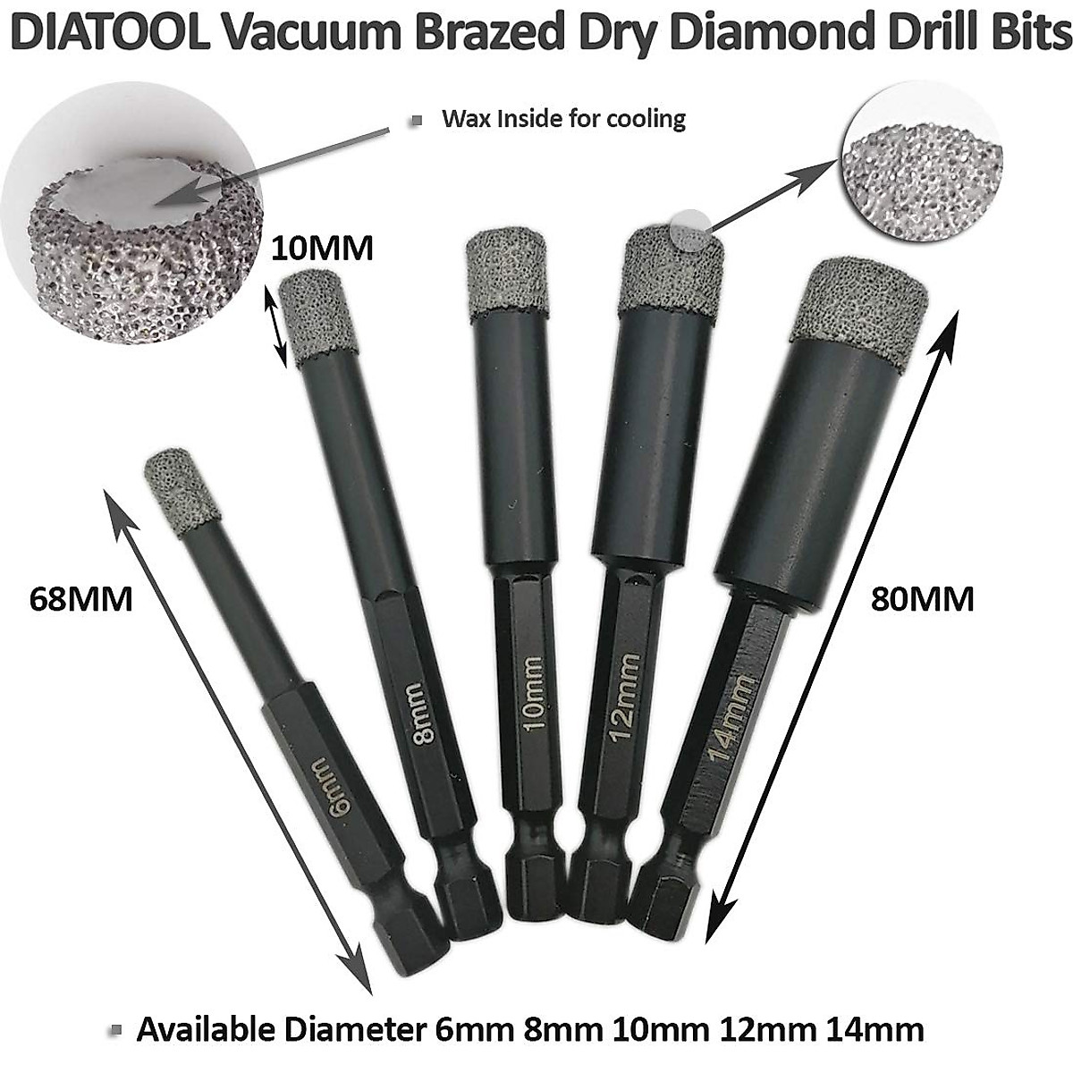 SHDIATOOL Dry Diamond Drill Bits 1/4" for Porcelain Tiles Ceramic Porcelain Marble Granite Dia 6mm 2pcs