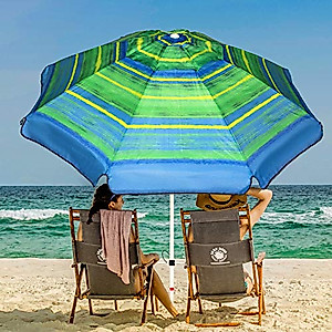 Ogrmar 7FT Beach Umbrella with Sand Anchor & Carry Bag, Portable Outdoor Windproof Sun Umbrella Sun 50+ Protection Umbrella with Push Button Tilt & Air Vent (Green Stripe)