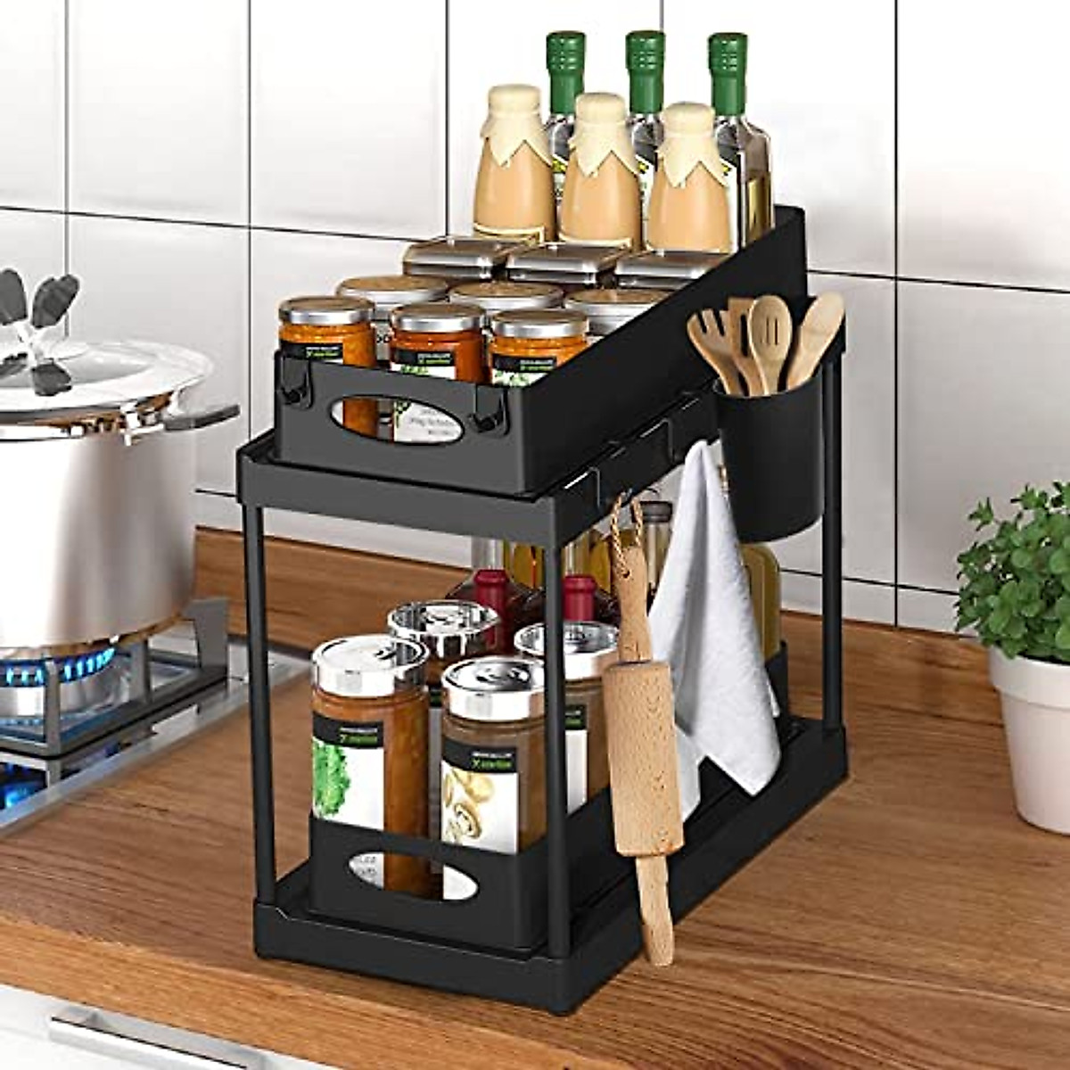 GzfunTeng Under Kitchen Sink Organizer and Storage, 2 Tier Sliding Bathroom Organizer, Pull Out Cabinet Organizer with 4 Hooks, 1 Hanging Cups, Finishing Storage Rack