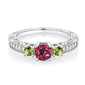 Gem Stone King 925 Sterling Silver Pink Tourmaline and Green Peridot Engagement Ring For Women (0.89 Cttw, Gemstone Birthstone, Available In Size 5, 6, 7, 8, 9)