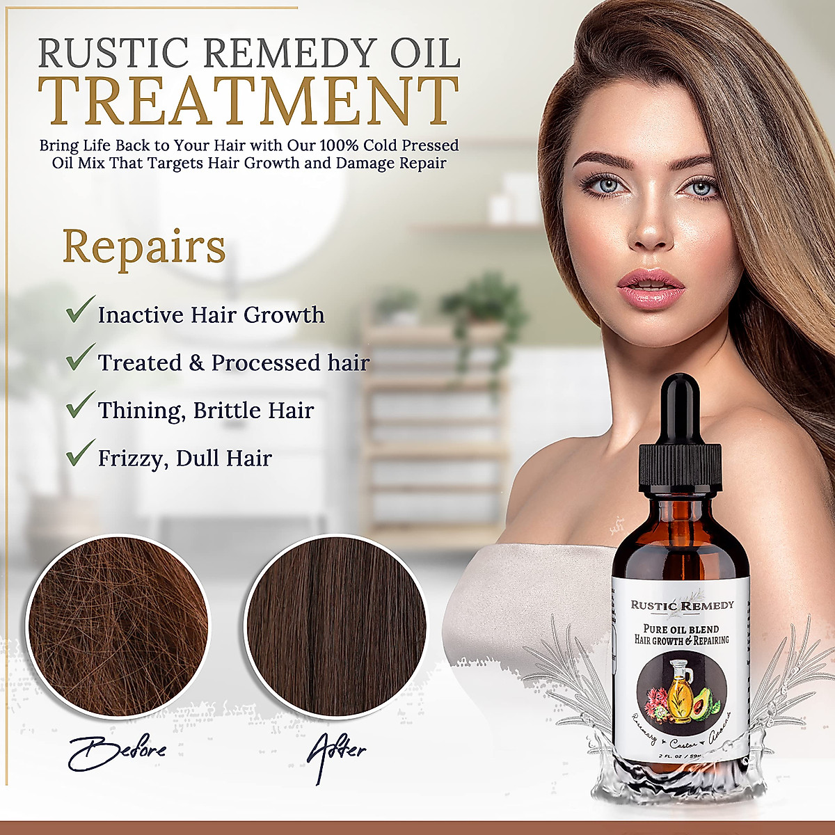Rustic Remedy 100% Organic, Cold-Pressed Rosemary, Castor and Avocado Oil | Growth & Frizz Repair Oil Treatment (2 oz) | 100% Natural, Pure Oil for Dry Damaged Hair for Women and Men