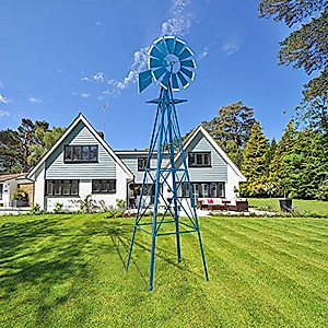 VINGLI Upgrade 8FT Ornamental Windmill Backyard Garden Decoration Weather Vane, Heavy Duty Metal Wind Mill w/ 4 Legs Design, Blue