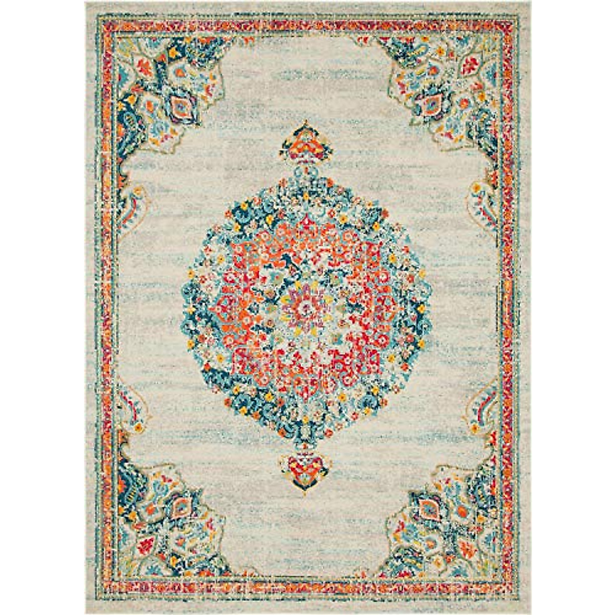 Unique Loom Penrose Collection Distressed Traditional Vintage Rug with Center Medallion, Rectangular 9' 0" x 12' 0", Ivory/Black