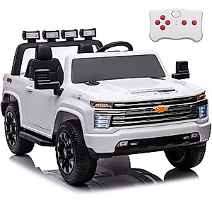 NEWQIDA 24V Licensed Chevrolet Silverado HD Pickup Truck Ride On Toys with Remote Control 4WD Kids Electric Power Vehicles Wheels Ride on Car for Boys Girls, EVA Tires, Music Function, White