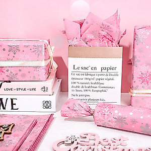 Whaline 100 Sheets Christmas Tissue Paper Pink Winter Snowflake Gift Wrapping Paper Pink Snow Flakes Art Craft Gift Wrap Paper for Winter Xmas New Year Baby Shower Wedding Decor, 13.7 x 19.6 Inch