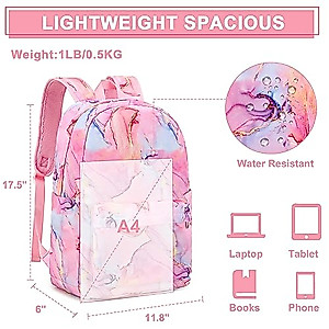 School Backpack for Teen Girls Bookbags Elementary High School Marble Laptop Bags Women Travel Daypacks (Marble Pink)