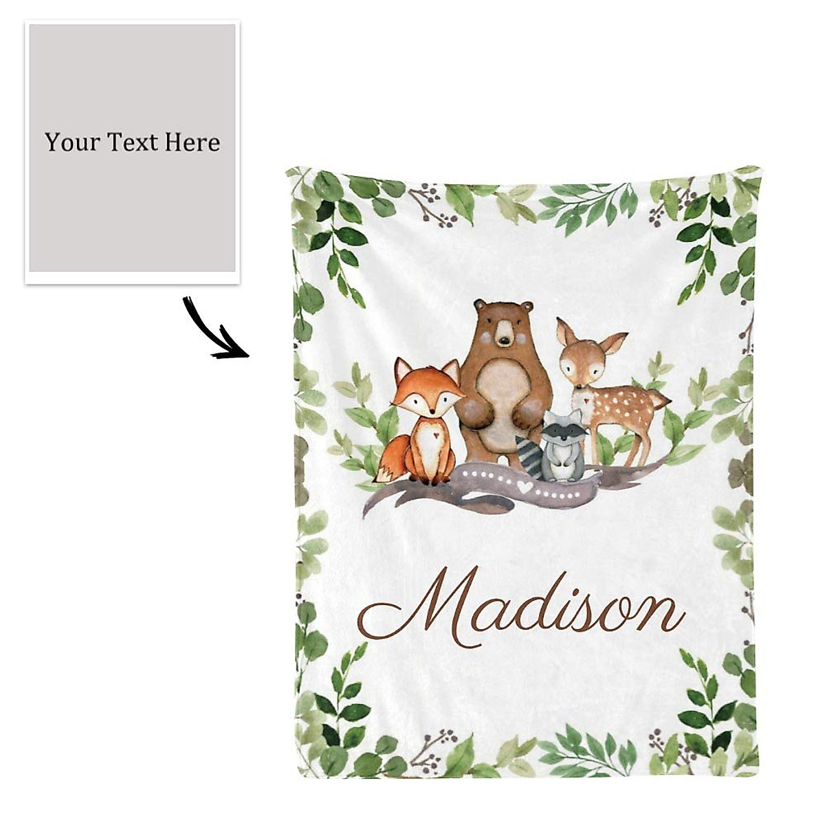 Yeshop, Woodland Forest Animals Personalized Receiving Baby Blankets for Girls Boys with Name,Customized Swaddle Blankets Gift for Newborn Crib Infants 30x40 Inches