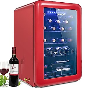24 Bottle Wine Cooler - Quiet Counter Top Wine Chiller Beverage Refrigerator, Freestanding Wine Refrigerator with Digital Display (Red)