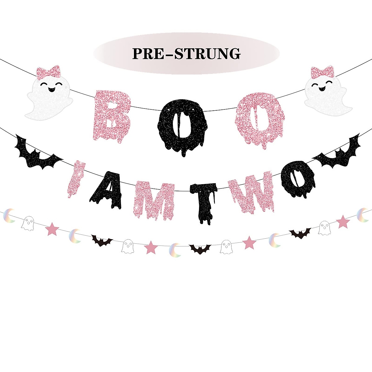 Boo I'm Two Halloween Banner and Ghost Bat Moon Star Garland Pink Black Glitter- Halloween 2nd Birthday Party Decorations for Girl, Here for the Boos Baby Shower Decorations