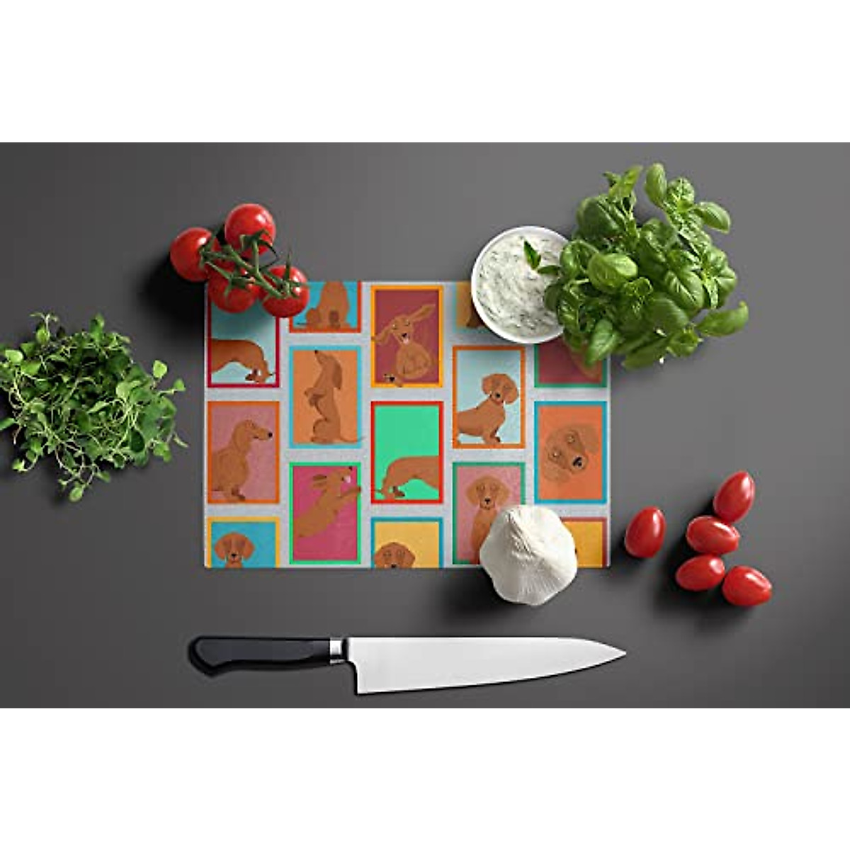 Caroline's Treasures MLM1134LCB Lots of Red Dachshund Glass Cutting Board Large Decorative Tempered Glass Kitchen Cutting and Serving Board Large Size Chopping Board