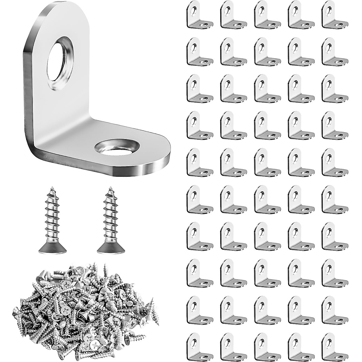 50 Pcs L Bracket Corner Brace MONKIPAER Metal Corner bracket 90 Degree Angle Stainless Steel Bracket with 100 Pcs Screws for securing wooden frames tables chairs bed furniture and other DIY structural