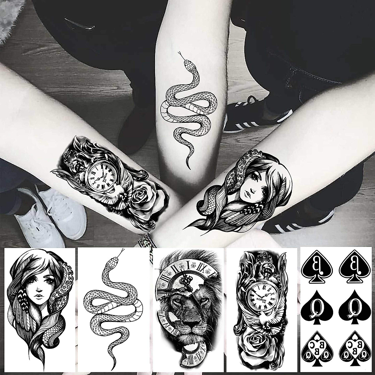VANTATY 22 Sheets Sexy 3D Temporary Tattoos For Women Men Arm Forearm, Waterproof Fake Tattoo Stickers For Adults Realistic Tiger Lion, Halloween Skeleton Rose Flower Tatoos Warrior Anchor Compass