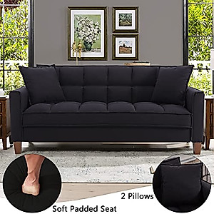 mikibama Linen Sofas Couchs for Living Room Grid Tufted Loveseat Sofa Padded 2 Seater Bedroom Couch Soft Comfy Sofa Bed for Small Space Apartment with Solid Wood Legs (Black)