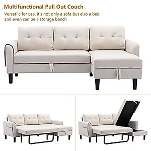 CALABASH Couch with Pull Out Bed, L Shaped Sleeper Sectional Sofa Bed with Storage, 3 Seater Couch and Reversible Chaise for Living Room Furniture Set (Beige)