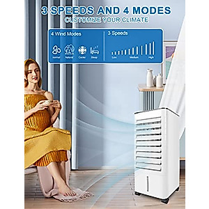 Evaporative Air Cooler,3-IN-1Portable Air Conditioners and Windowless Room Cooler Humidification-Ice Packs-12 Hour Timer-Remote Control,Ideal for Home, Office, Bedroom, Kitchen,School,Garage (‎‎Pearl White)