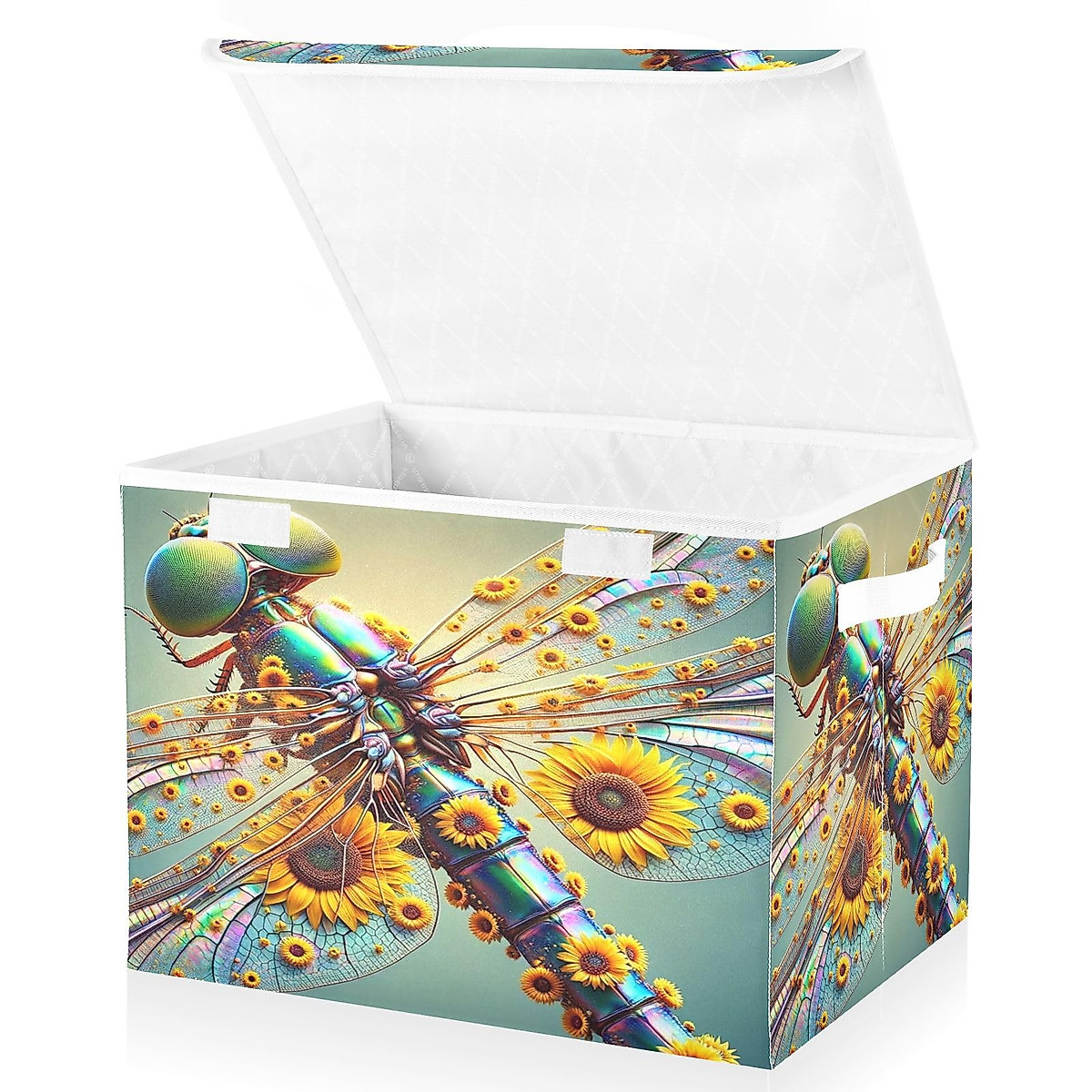 DIGTIA Dragonfly with Sunflower Storage Bins with Lids Spring Summer Foldable Storage Basket with Handles Collapsible Large Fabric Organizer Containers for Clothes Shelves Closet Office Home Bedroom
