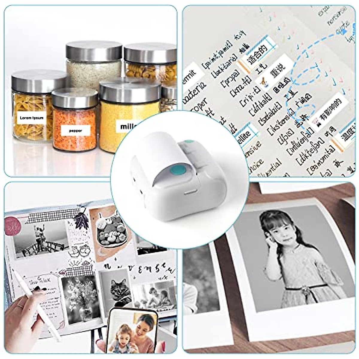 Portable Mini Printer, Small Pocket Thermal Printer with 7 Color Lamp, Bluetooth Wireless Smart Photo Printer with 7 Rolls Paper, Label Maker Machine with iOS Android for Notes, Memos and DIY Painting